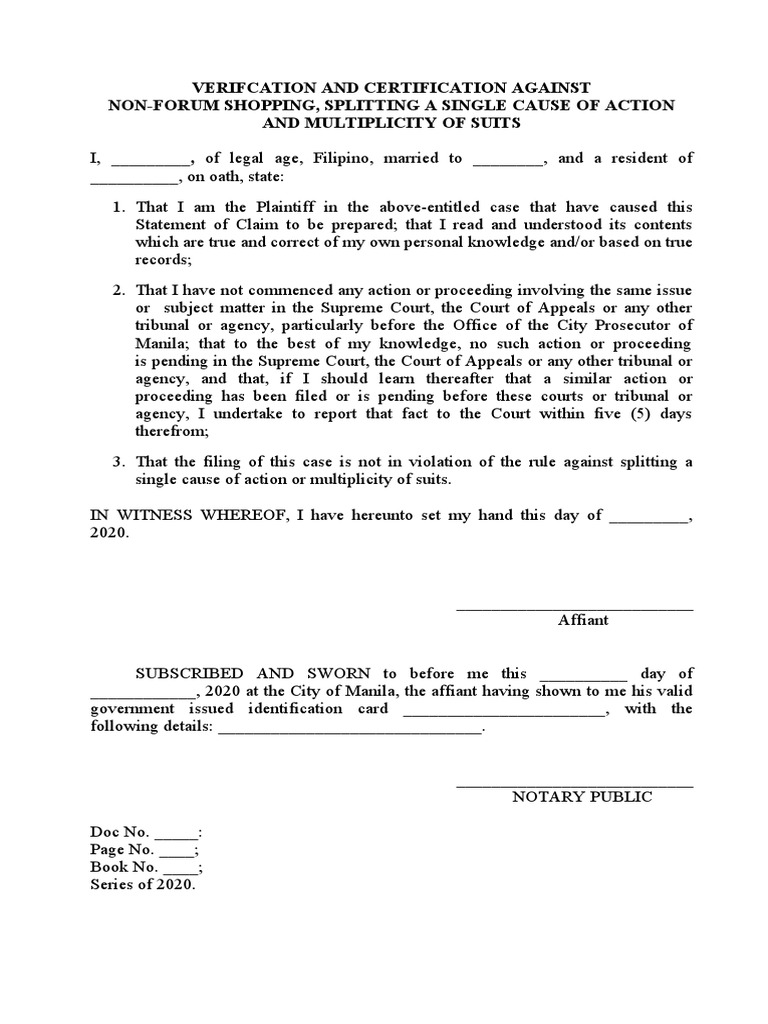 Verification and Certification Against Non-Forum Shopping Template | PDF