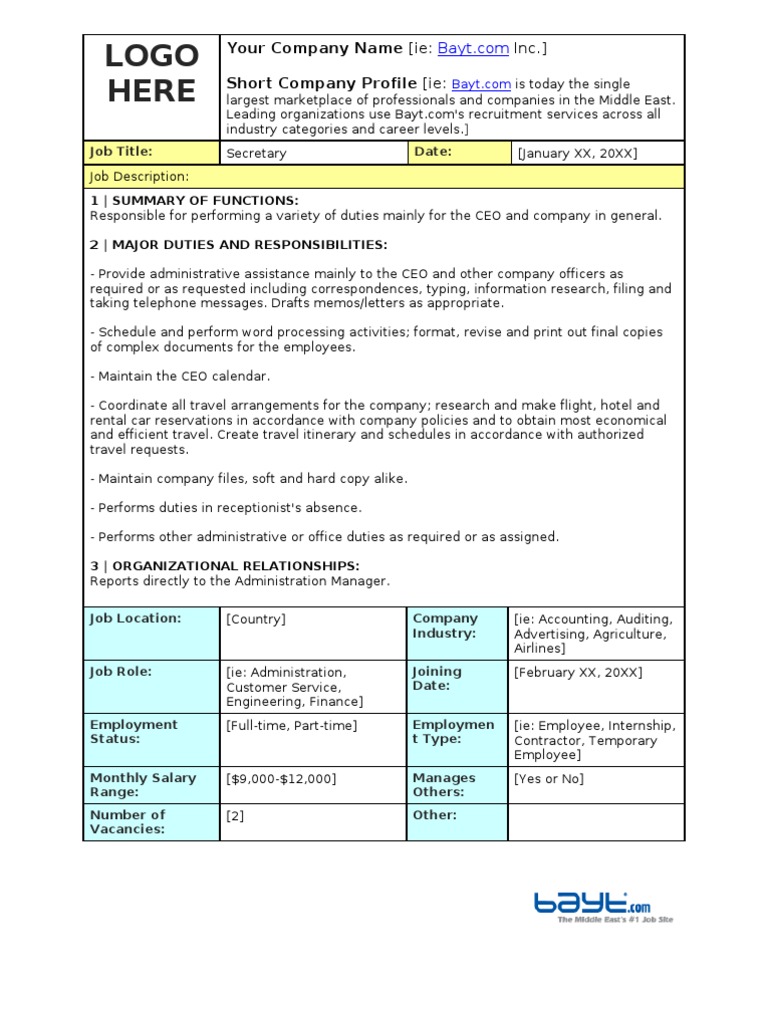 Secretary - Job Description | PDF | Employment | Academic Degree
