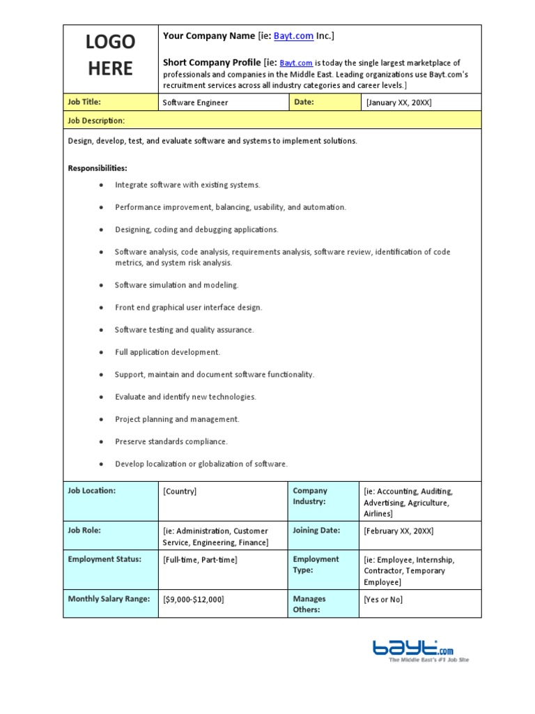 Software Engineer Job Description Template | PDF | Software | Employment