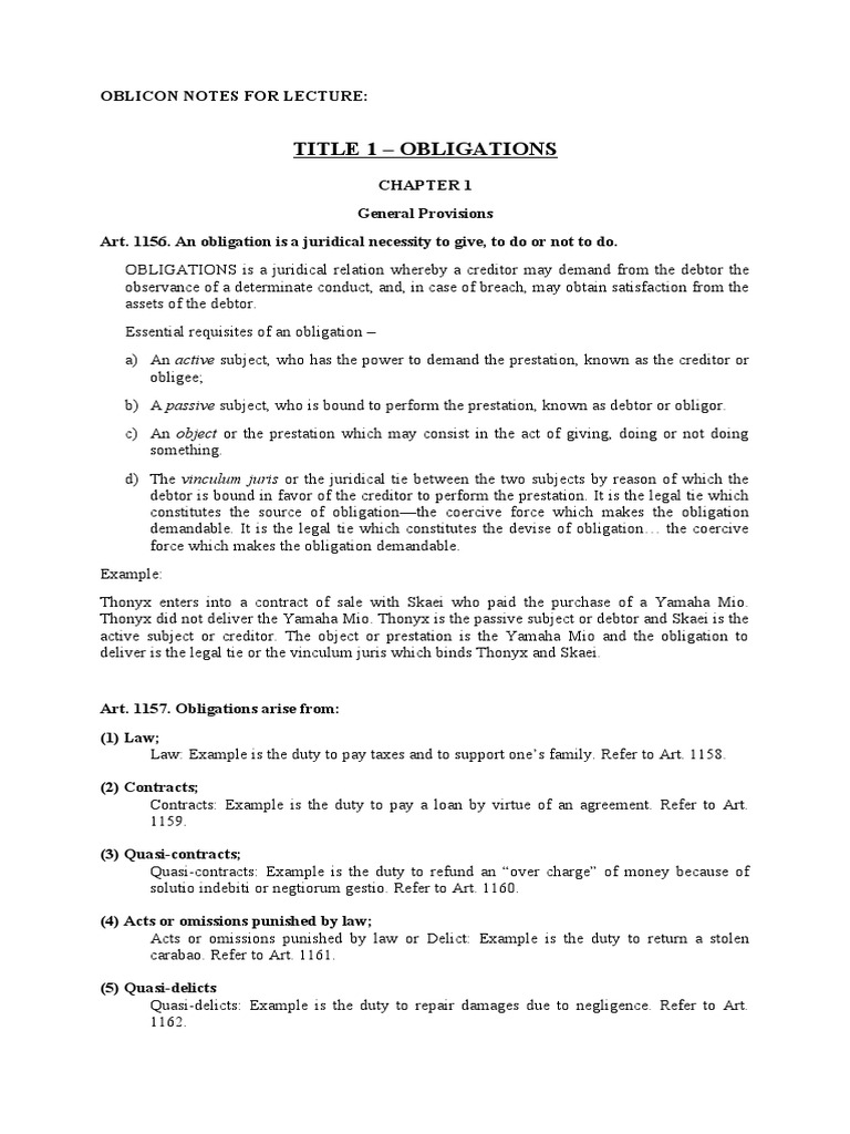 Oblicon Notes | PDF | Negligence | Law Of Obligations