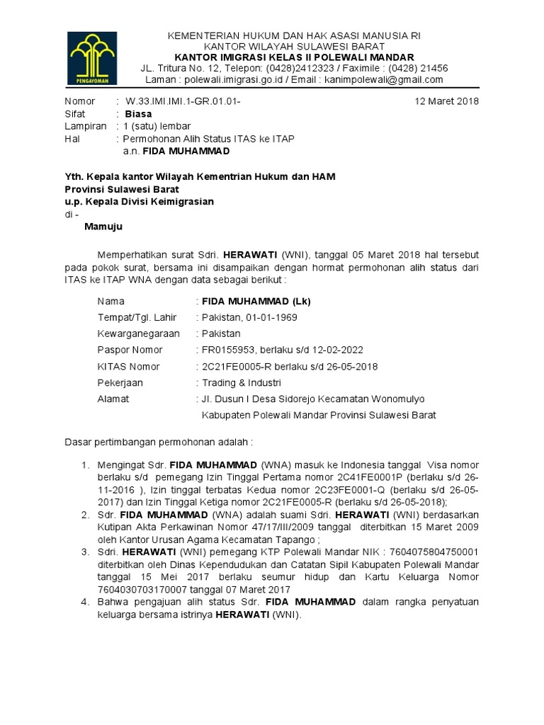 Permohonan Alih Status ITAS Ke ITAP | PDF Permohonan Alih Status ITAS Ke ITAP | PDF