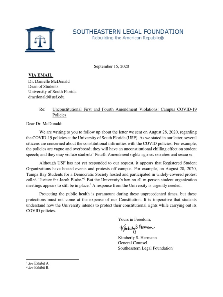 Southeastern Legal Foundation September 15 Letter To University of ...