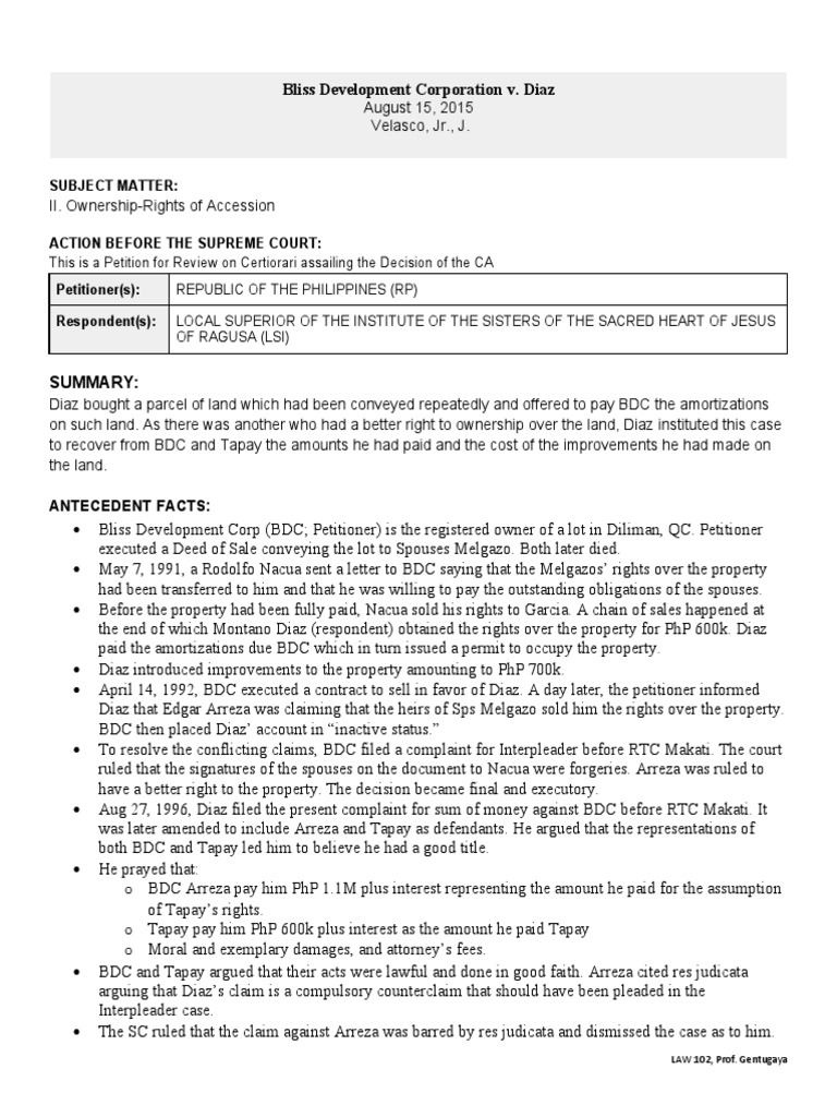 Bliss Development V Diaz | PDF | Complaint | Civil Law (Common Law)