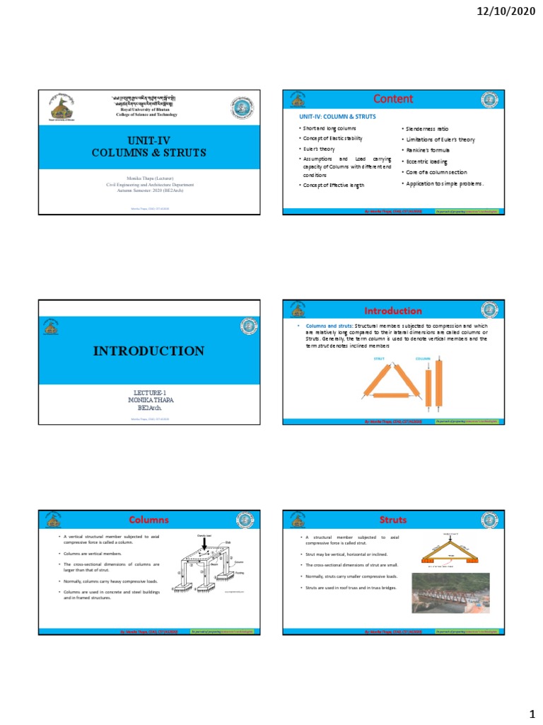Unit-Iv Columns & Struts: Content | PDF | Column | Buckling