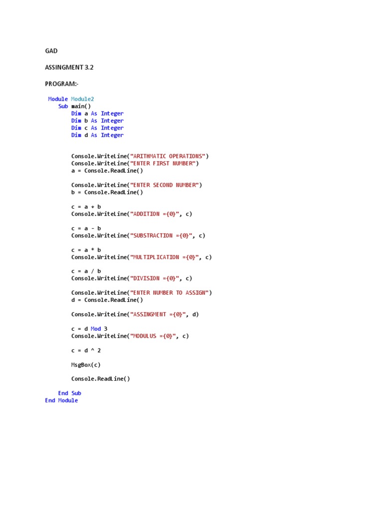 GAD Assingment 3.2 Program:-: Sub Dim As Integer Dim As Integer Dim As Integer Dim As Integer | PDF