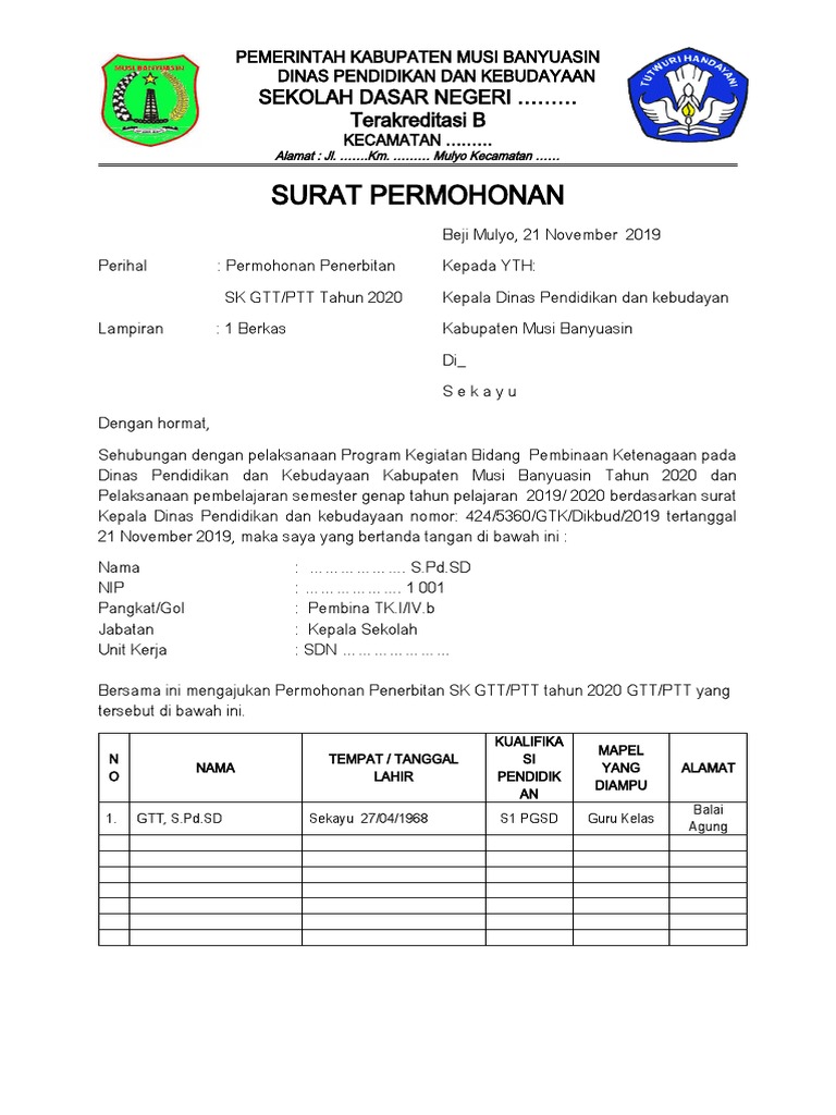Surat Permohonan SK GTT 2020 | PDF