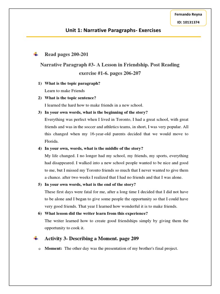 Unit 1: Narrative Paragraphs-Exercises | PDF