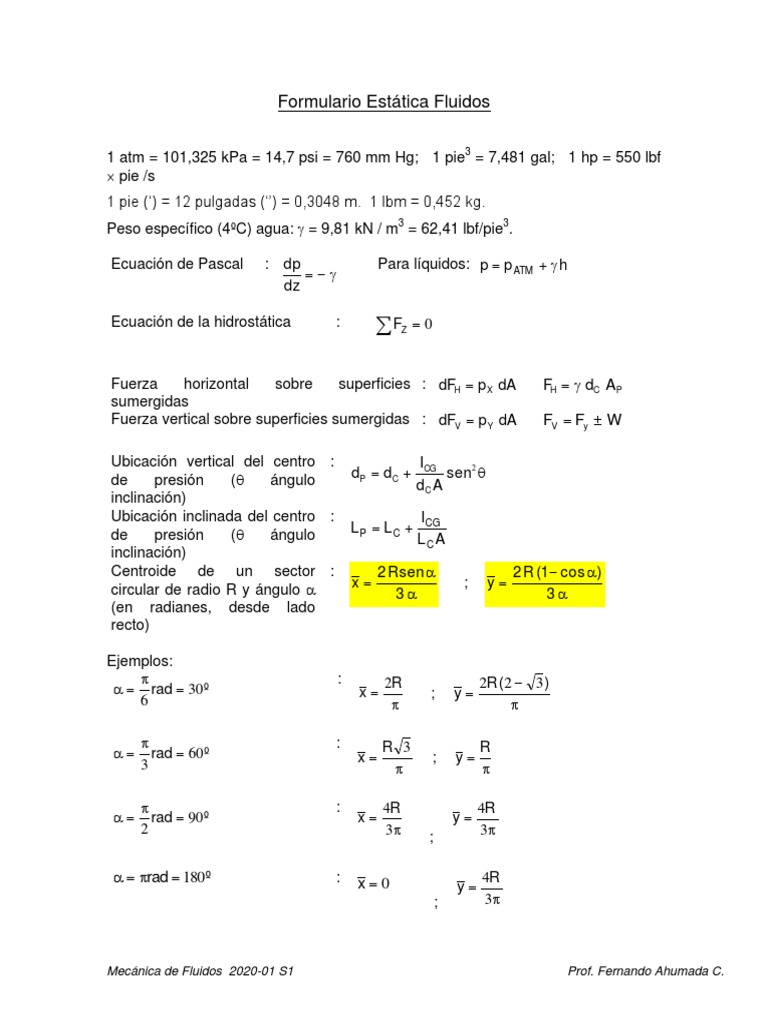 Formulario Estatica de Fluidos MDF S1 | PDF | Líquidos | Movimiento (física)