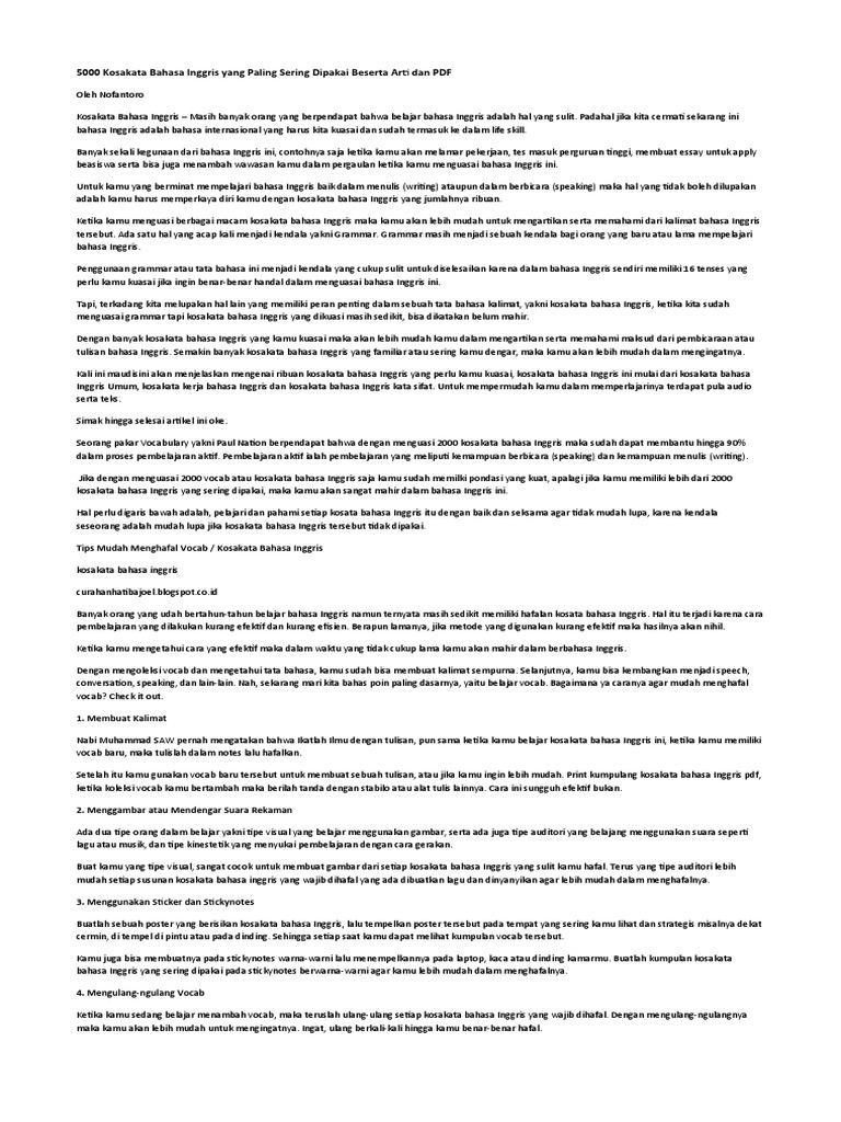 5000 Kosakata Bahasa Inggris Yang Paling Sering Dipakai Beserta Arti Dan PDF | PDF