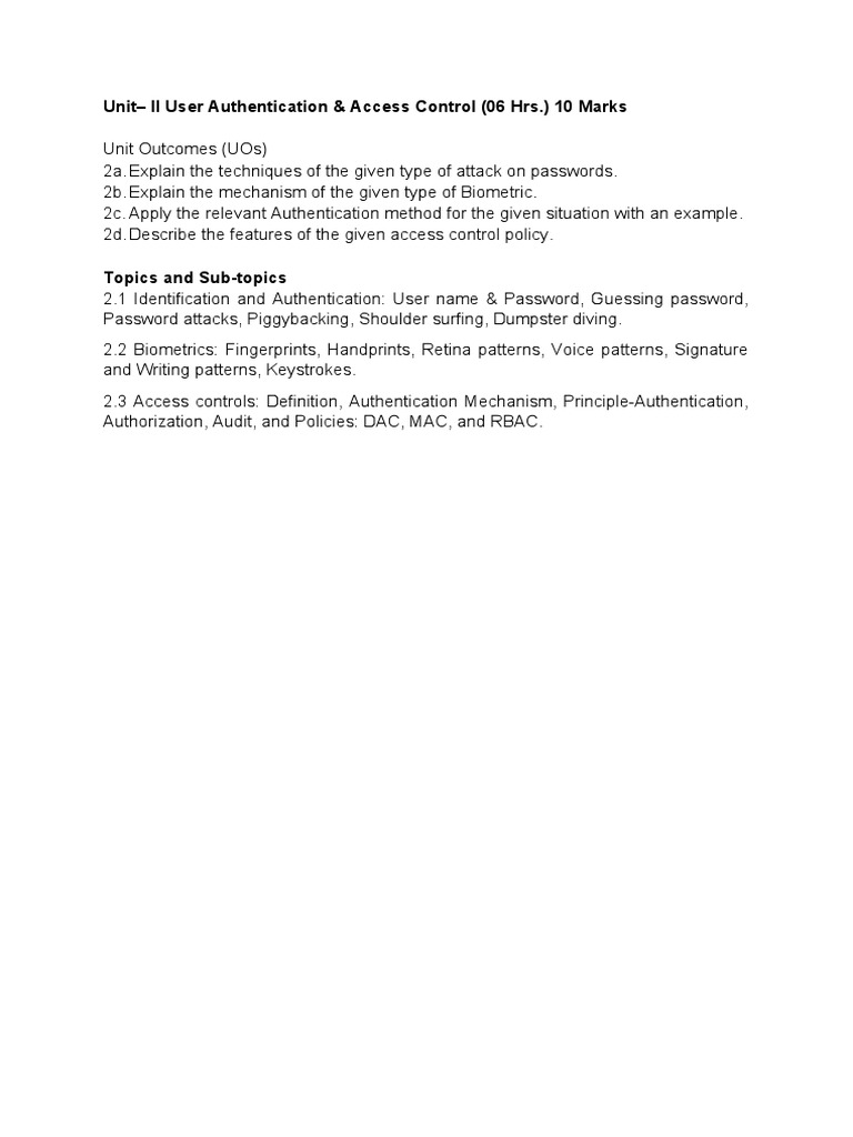 Unit - II User Authentication & Access Control | PDF | Biometrics ...