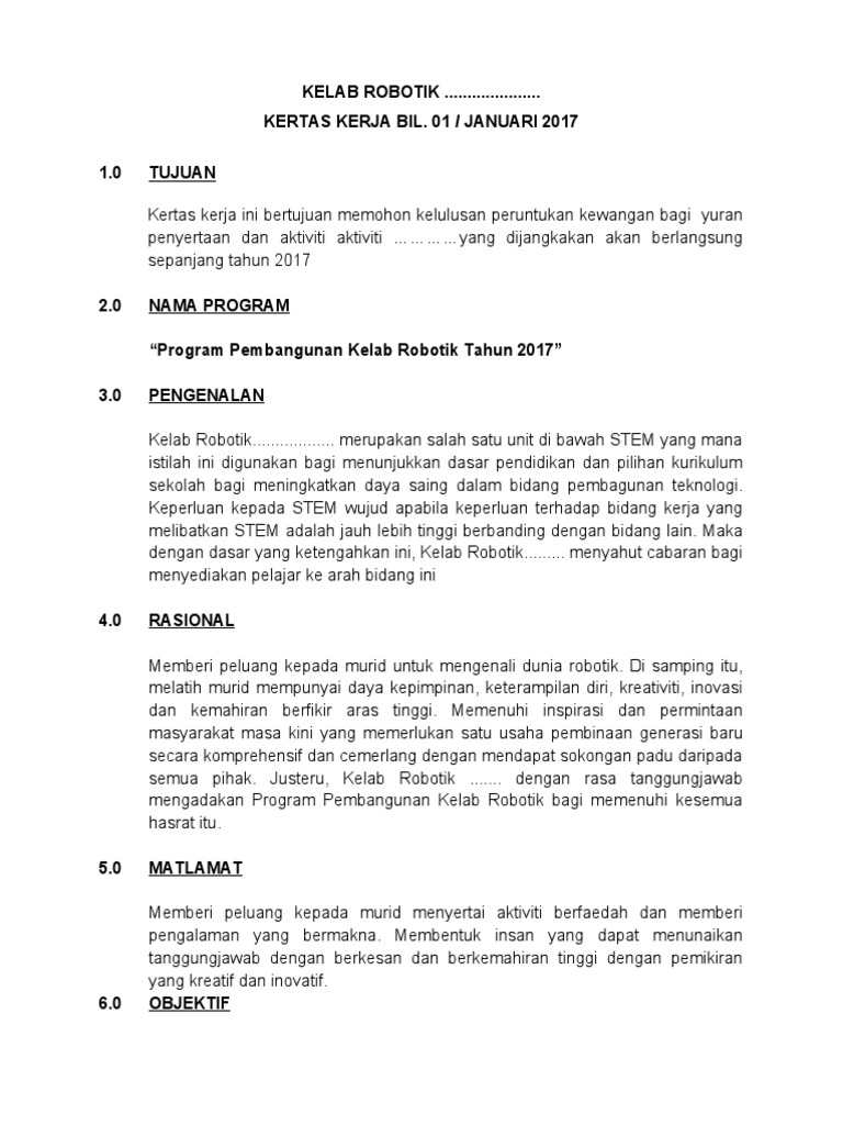 Contoh Kertas Kerja Kelab Robotik | PDF