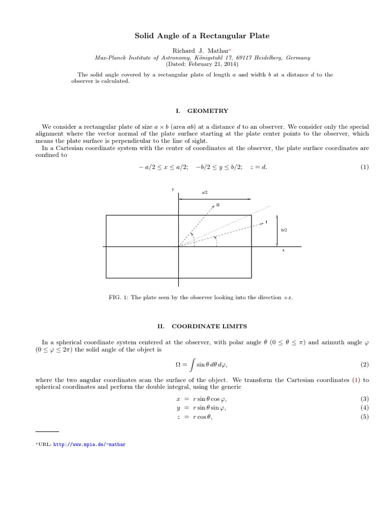 Solid Angle Calculation for Rectangles | PDF | Coordinate System | Sine