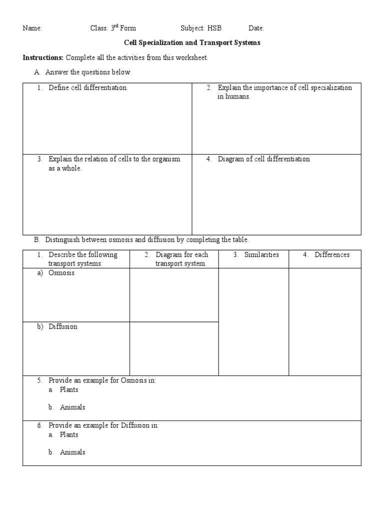 Cell Specialization and Transport Systems Instructions: Complete All ...