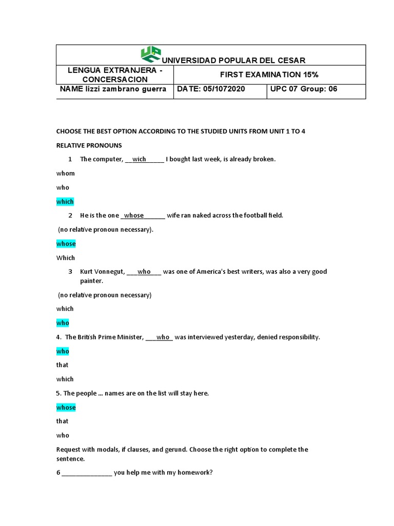 First English Test Upc07 | PDF | Syntax | Restaurant And Catering