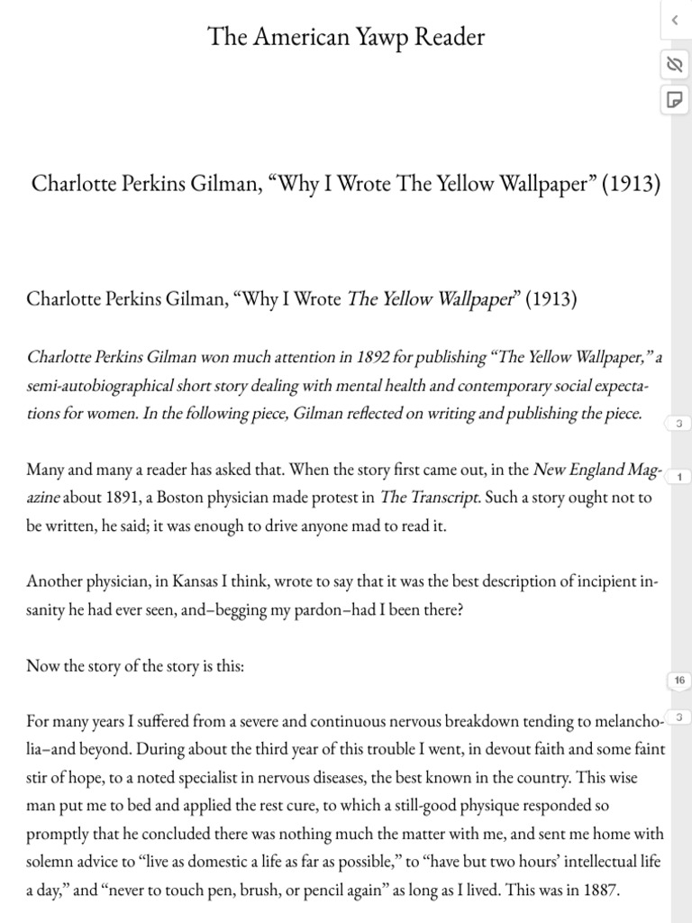 Charlotte Perkins Gilman, "Why I Wrote The Yellow Wallpaper" (1913 ...