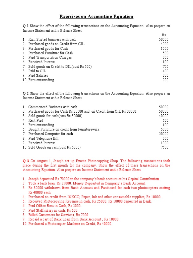 Exercises On Acc Eqn - 26 Ques | PDF | Financial Transaction | Banks