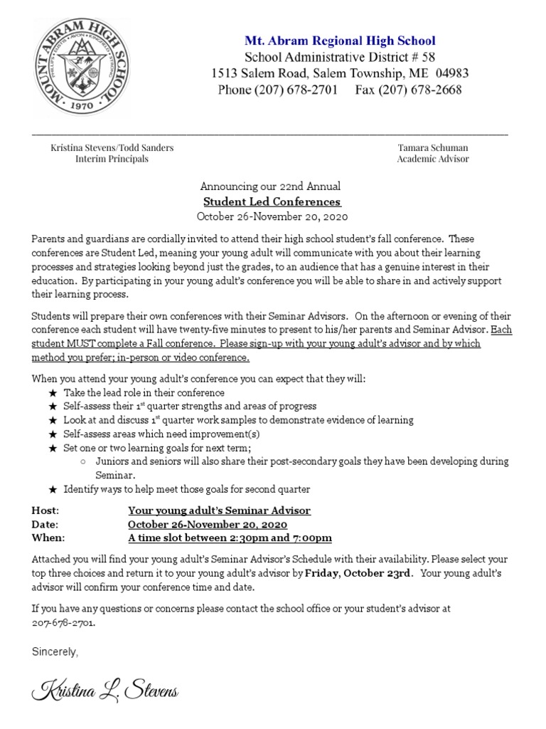 Carey Student Led Conferences - Letter 2020 | PDF | Communication ...
