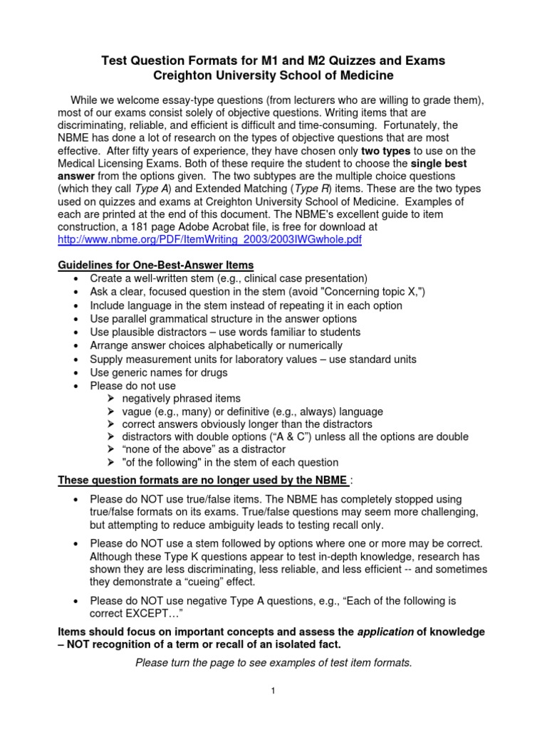 Test Question Formats M1 M2 | PDF | Question | Multiple Choice