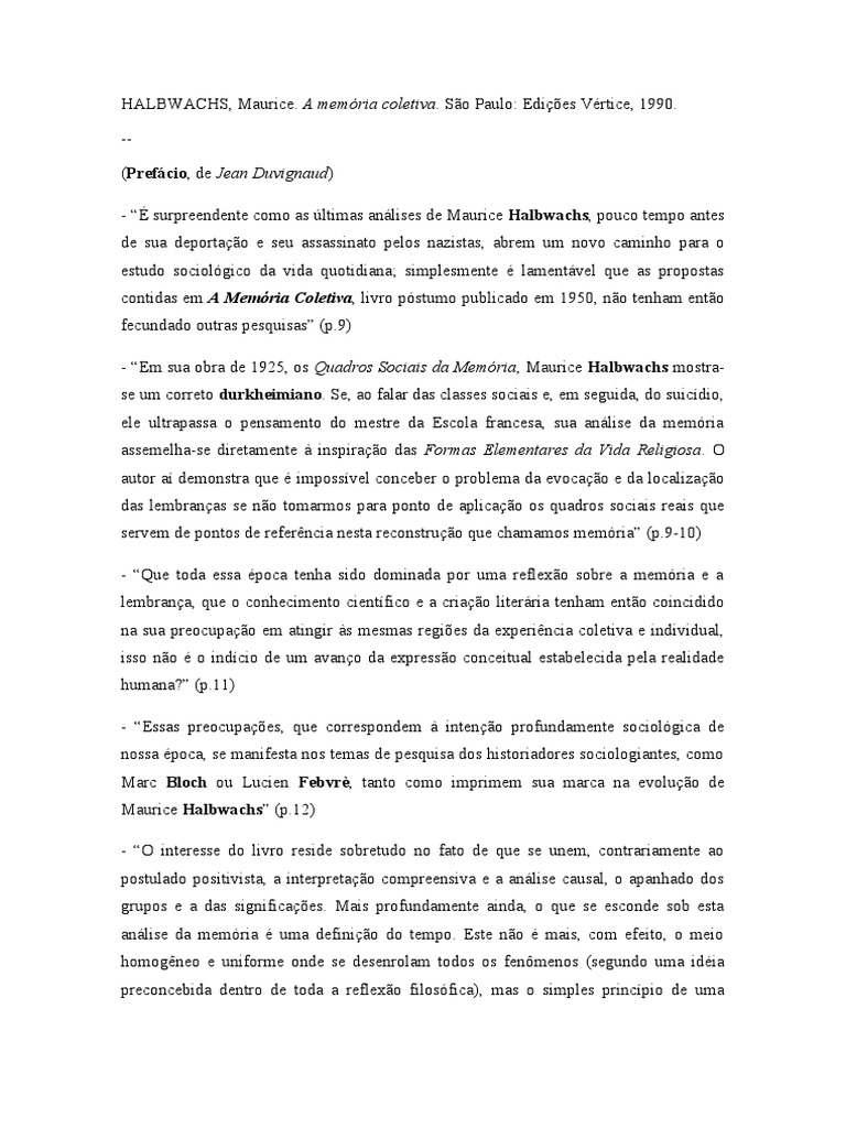 HALBWACHS, Maurice. A Memória Coletiva, 1990. | PDF | Pensamento | Sociologia