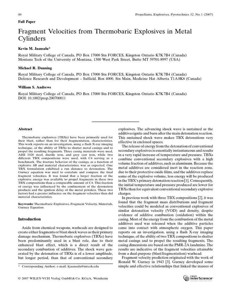 Fragment Velocities From Thermobaric Explosives in Metal Cylinders ...