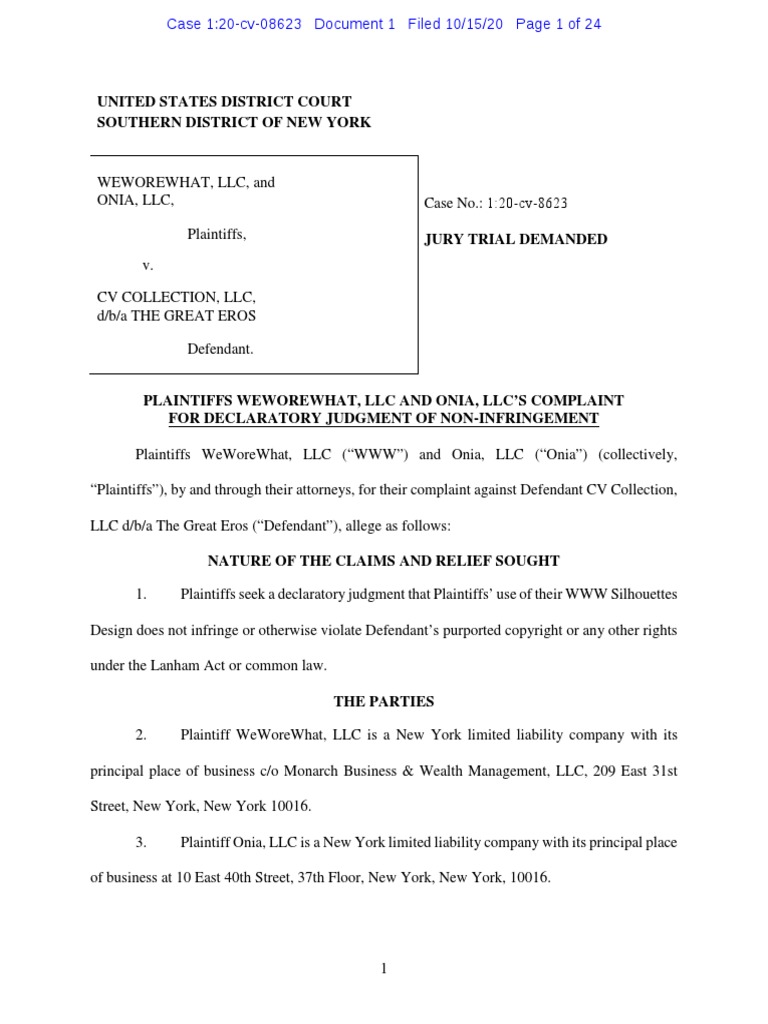 WeWoreWhat v. Great Eros | PDF | Declaratory Judgment | Complaint