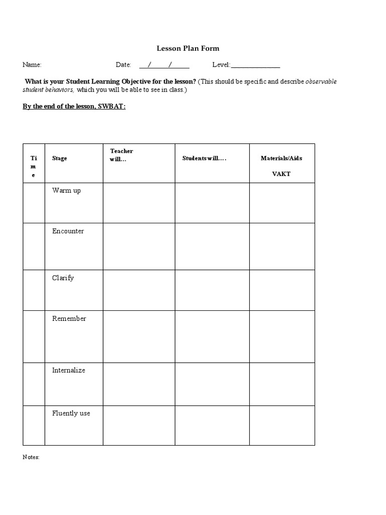 Lesson Plan Form: Warm Up | PDF