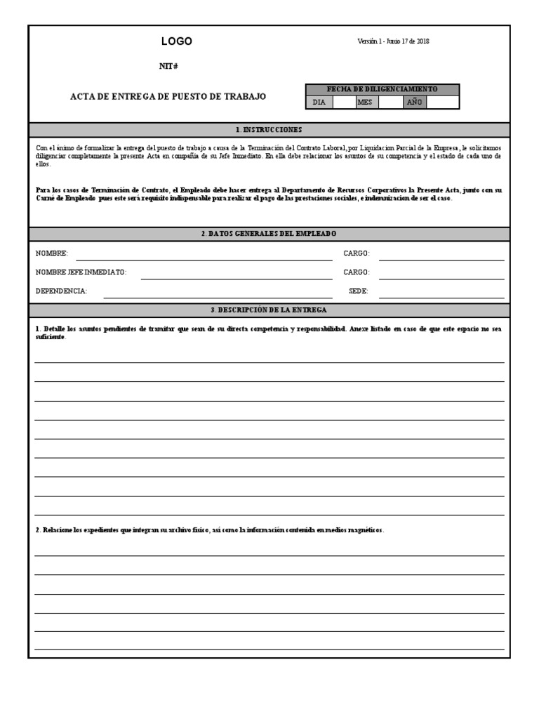 Formato ACTA DE ENTREGA DE PUESTO DE TRABAJO | PDF | Microsoft Excel | Informática