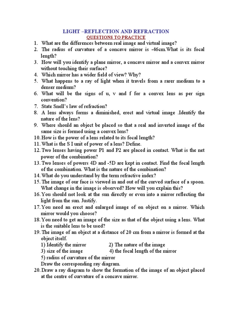 Light - Reflection and Refraction: Questions To Practice | Download ...