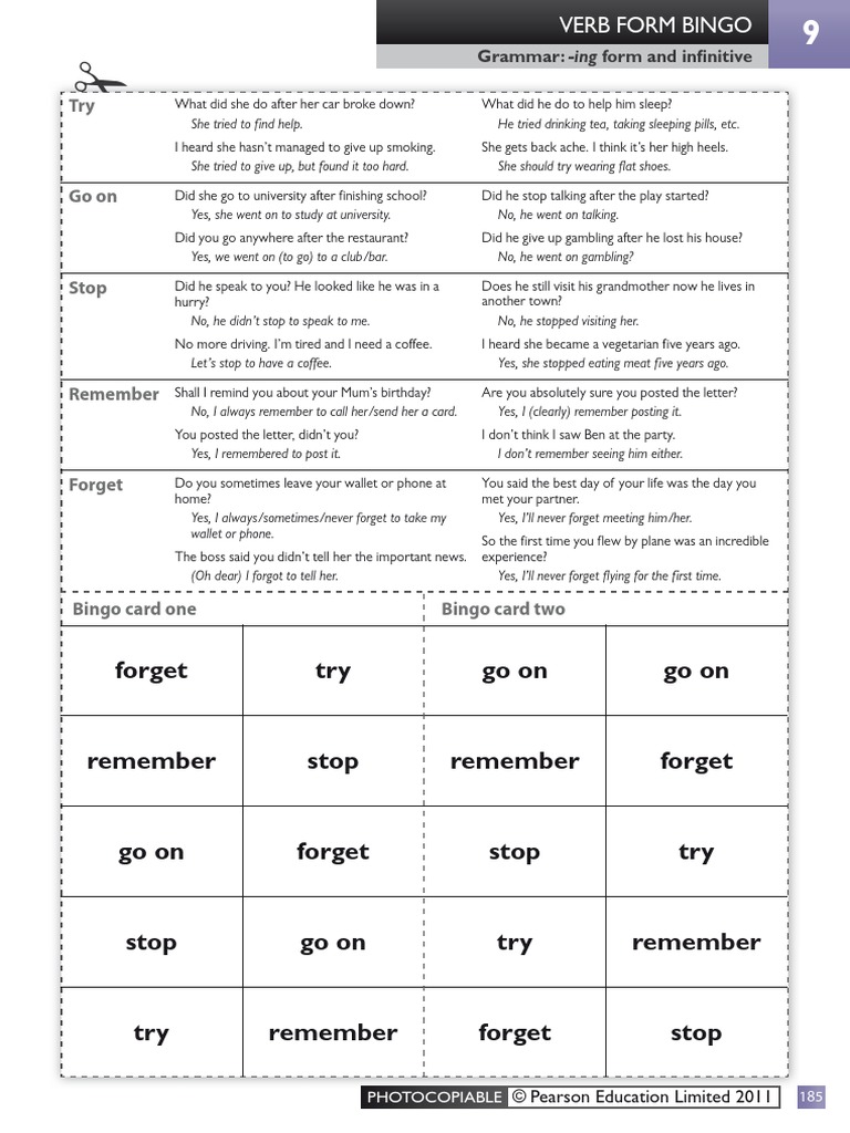 Forget Try Go On Go On: Grammar: - Ing Form and Infi Nitive | PDF ...