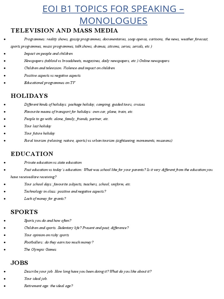 Eoi b1 Topics For Speaking | PDF | Lifestyle