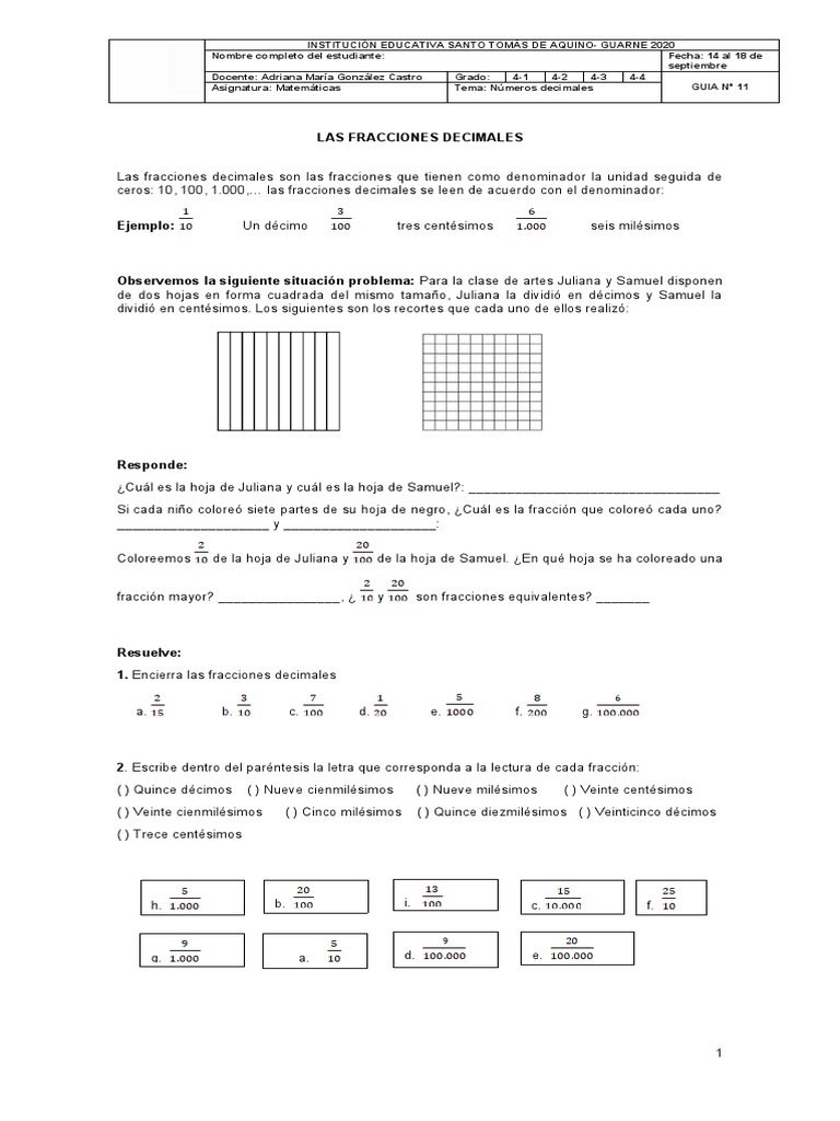 Grado 4° Matemáticas. Guia 11 | PDF | Decimal | Fracción (Matemáticas)