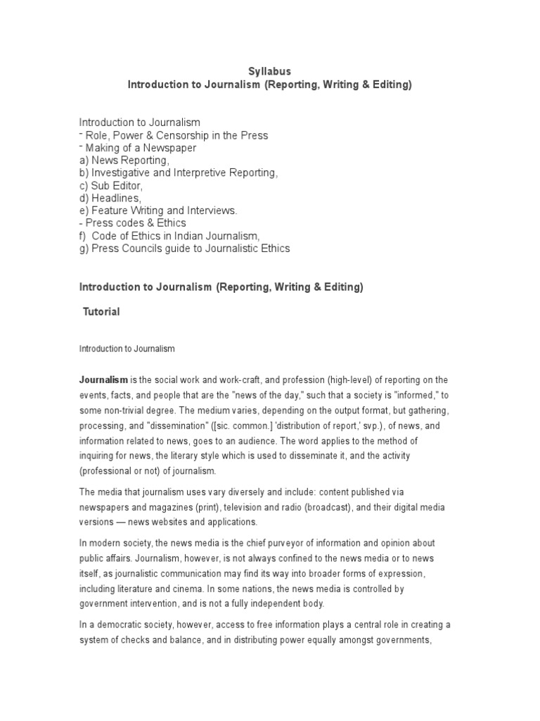 Syllabus of Introduction To Journalism | PDF | Journalism | Freedom Of ...