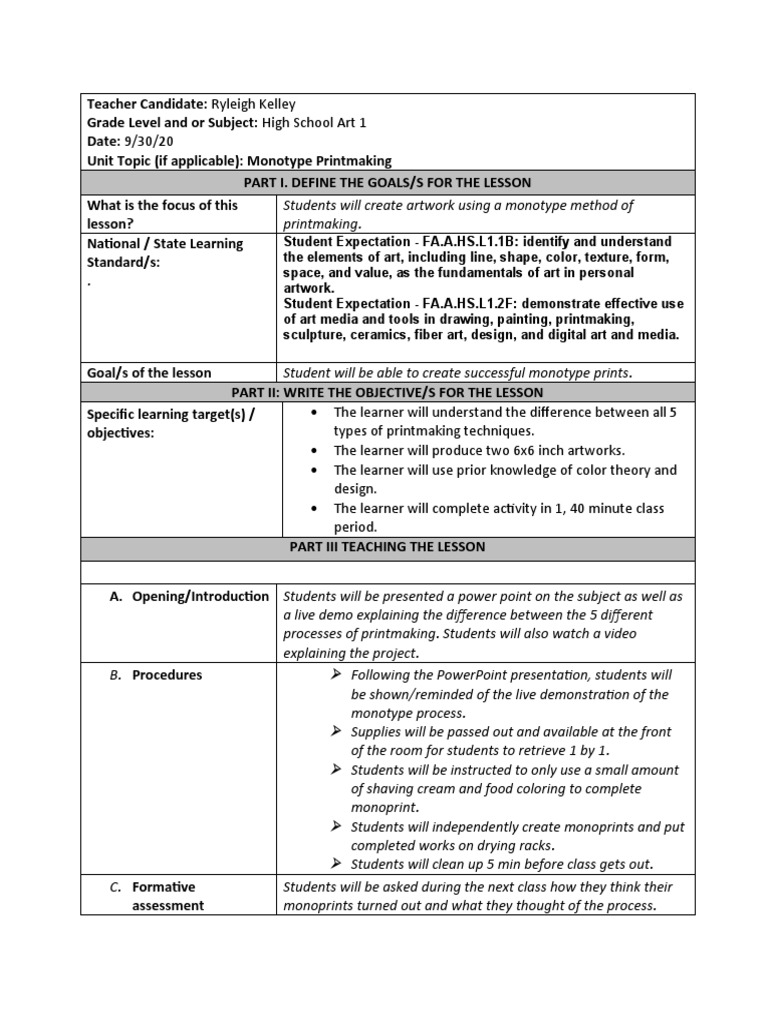 Printmaking Lesson Plan | PDF | Printmaking | Lesson Plan