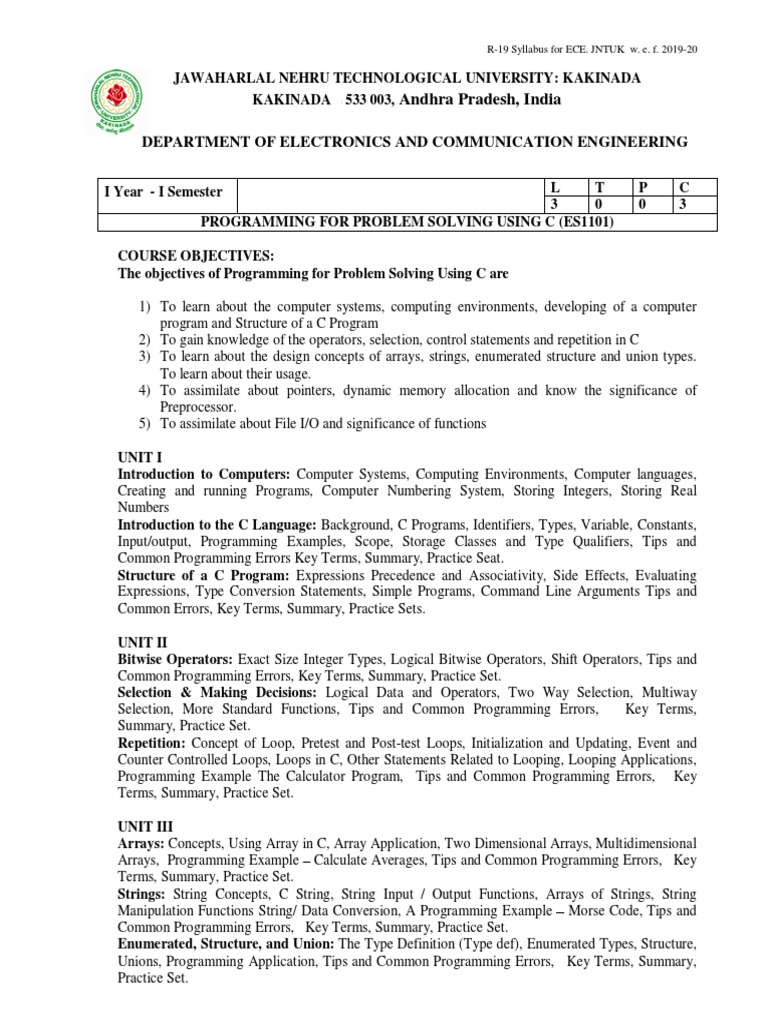 Programming For Problem Solving Using C Syllabus Pdf C Programming Language Pointer