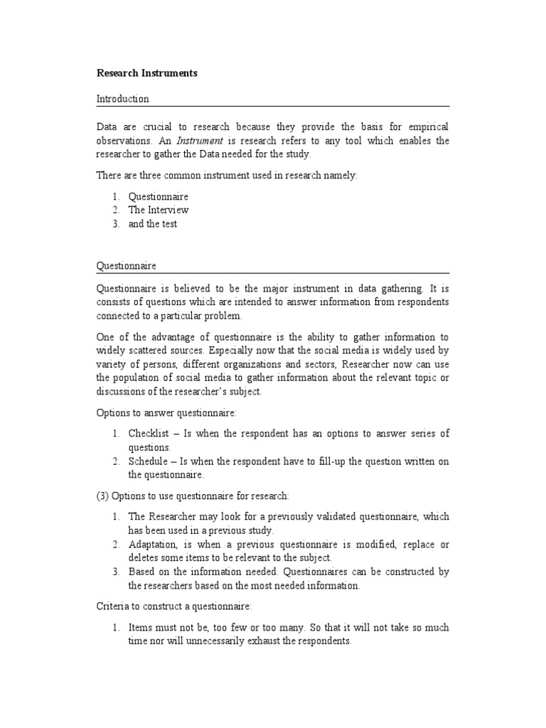 Research Instruments | PDF | Questionnaire | Question