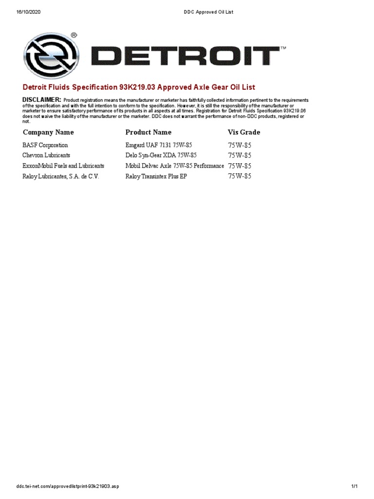 DDC Approved Oil List DIFERENCIALES DETROIT DIESEL PDF | PDF