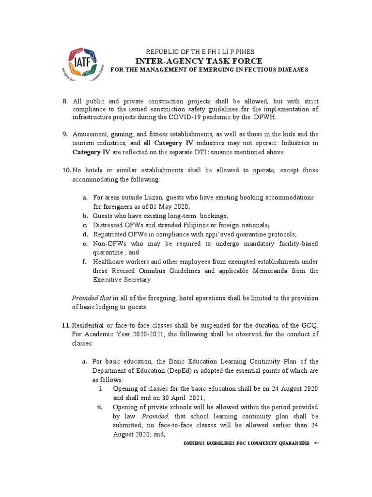 Omnibus Guidelines On The Implementation of Community Quarantine in The ...