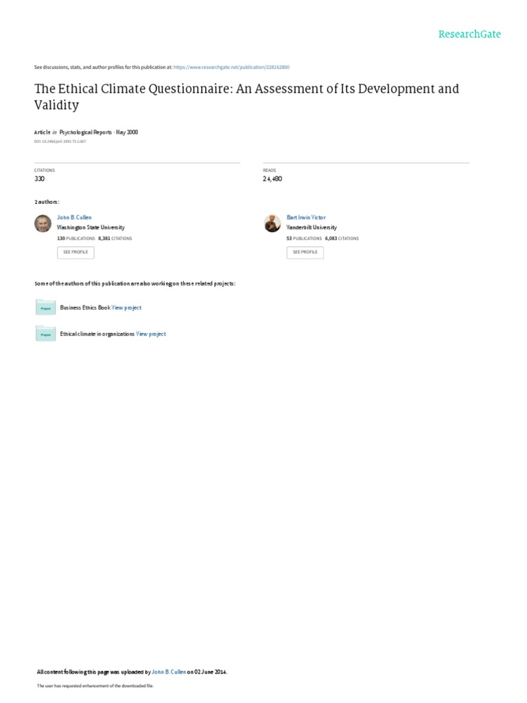 The Ethical Climate Questionnaire: An Assessment of Its Development and ...