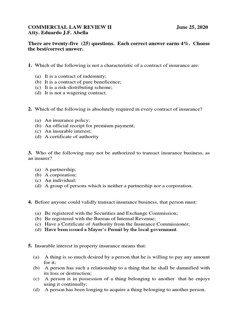 Dean Abella - Quiz | PDF | Indemnity | Insurance