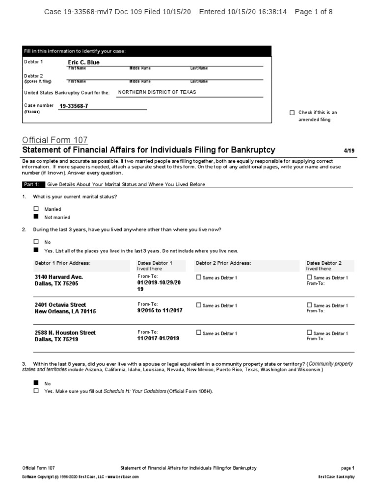 Statement of Financial Affairs For Eric C. Blue Filing For Bankruptcy ...