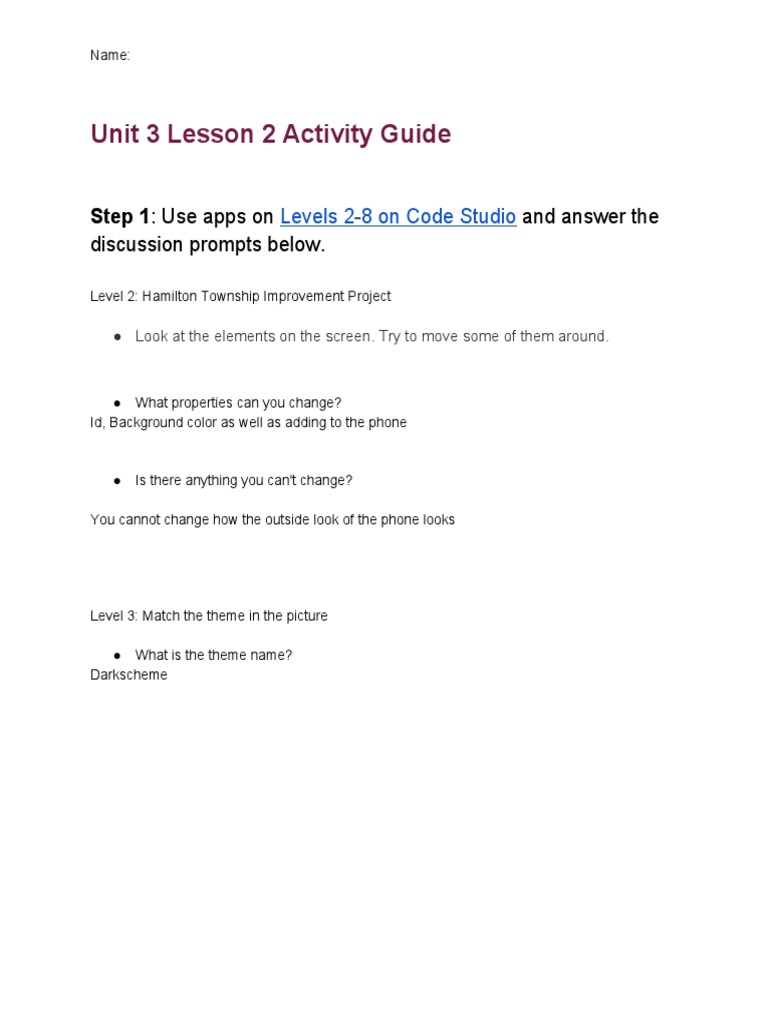 Unit 3 Lesson 2 Activity Guide: Step 1 | PDF