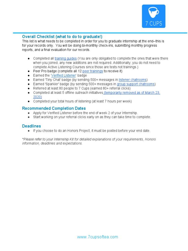 Graduation Checklist for 7 Cups Internship | PDF