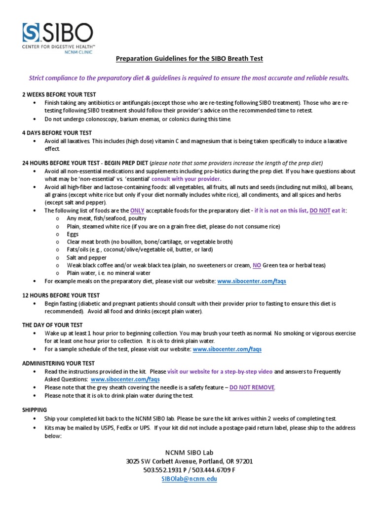Preparation Guidelines For The SIBO Breath Test | PDF | Vegetables | Foods