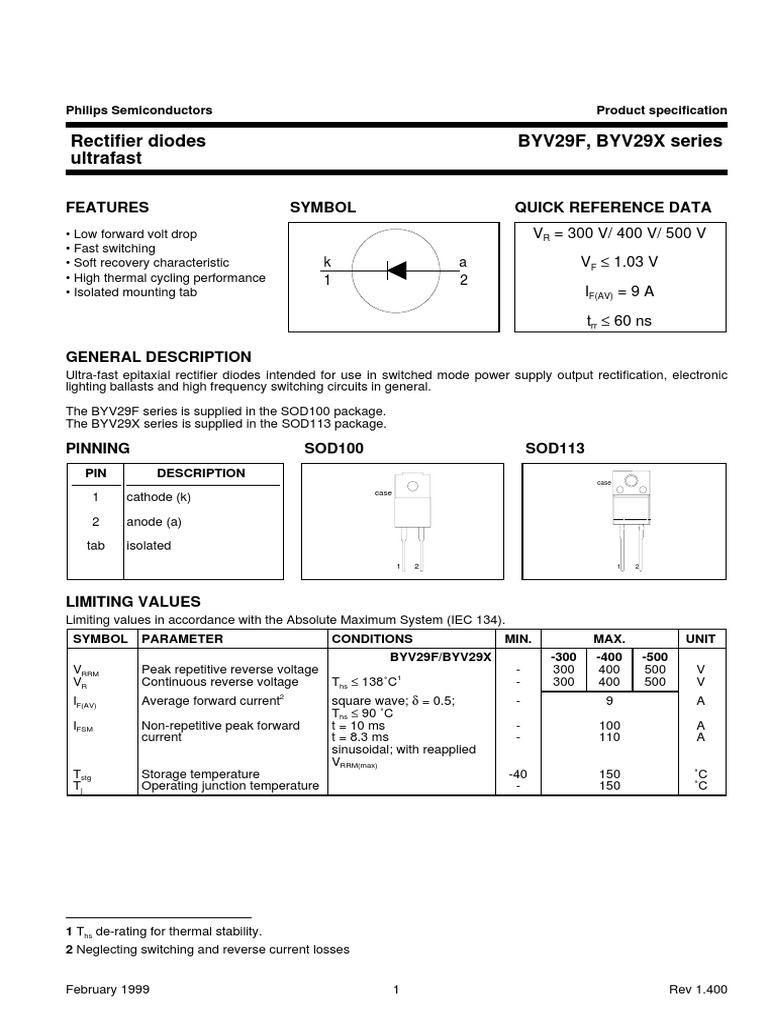 Rectifier Diodes BYV29F, BYV29X Series Ultrafast: Features Symbol Quick ...