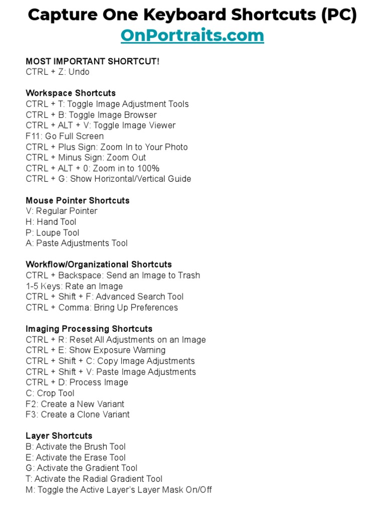 Capture One Keyboard Shortcuts | PDF