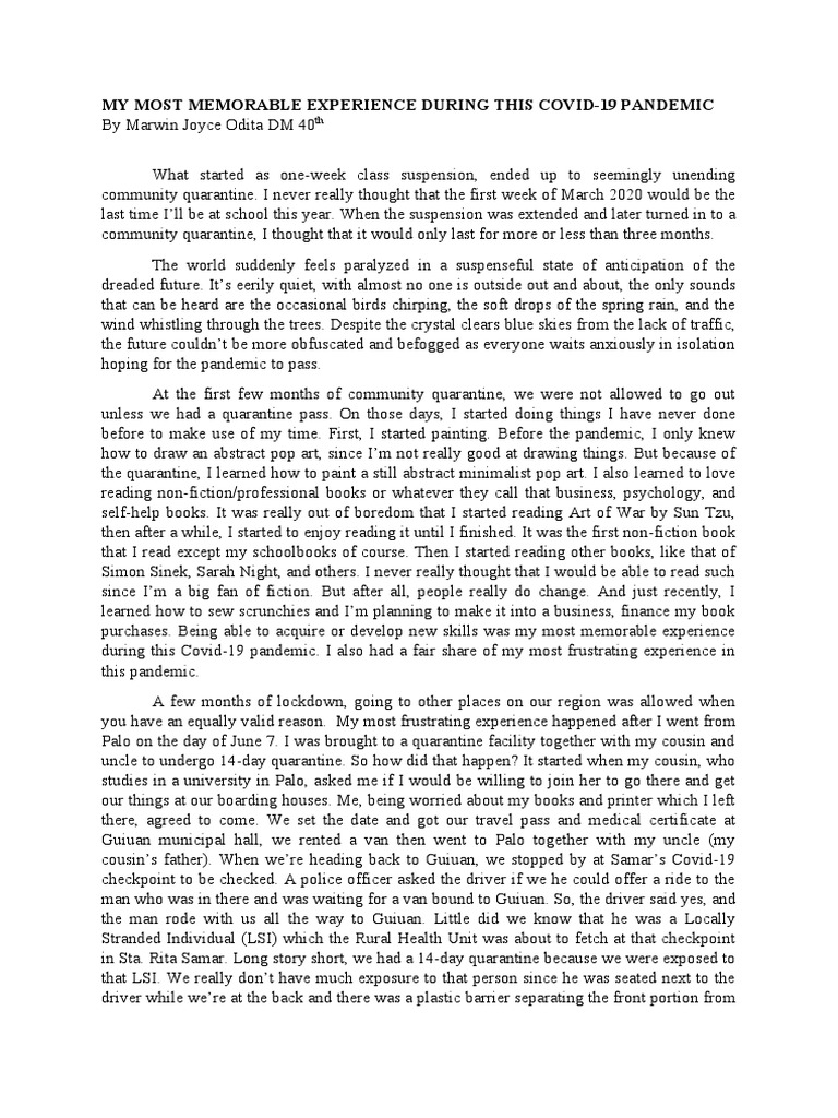 My Most Memorable Experience During This Covid-19 Pandemic | PDF ...