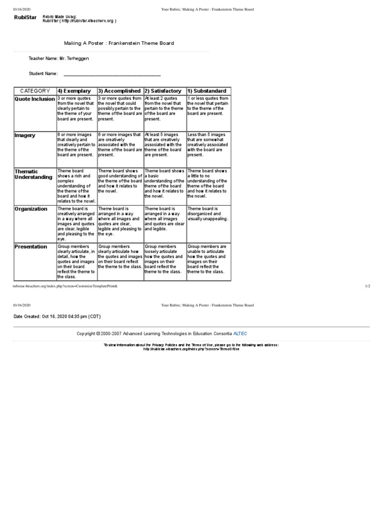 Your Rubric Making A Poster Frankenstein Theme Board | PDF ...