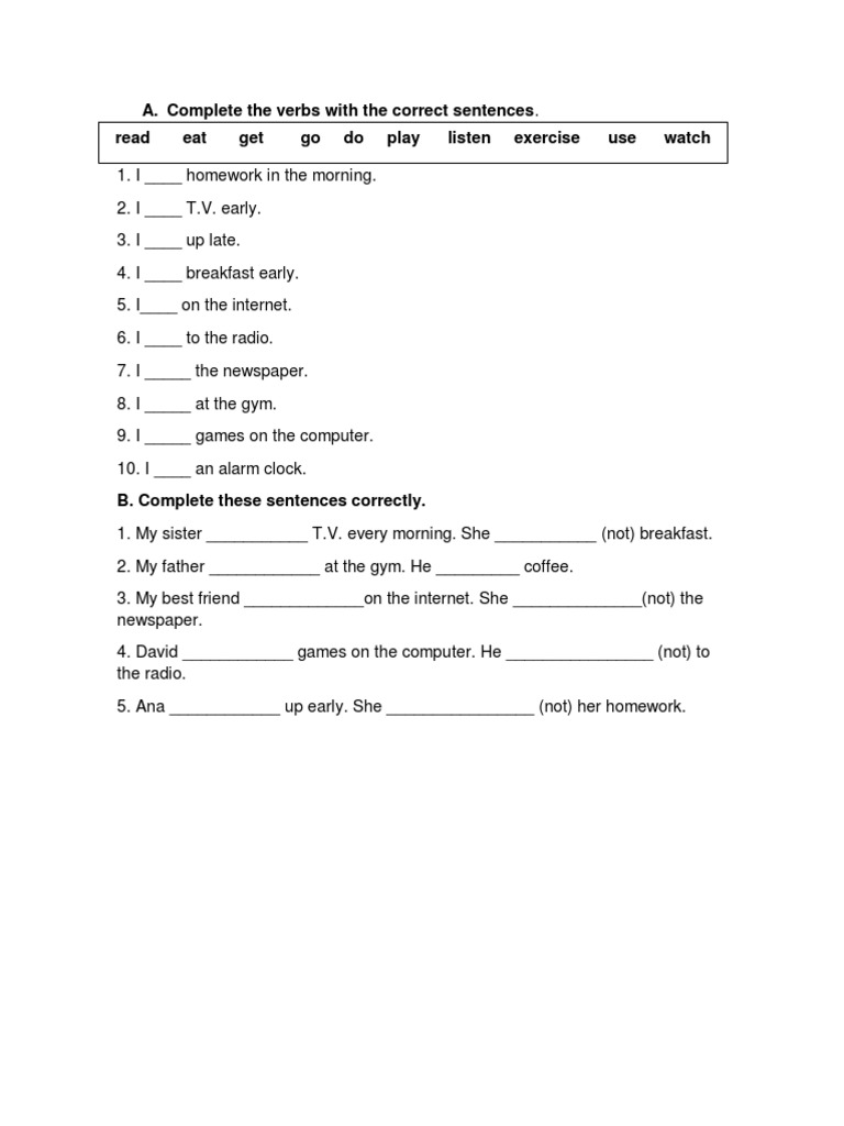 A. Complete The Verbs With The Correct Sentences. Read Eat Get Go Do ...