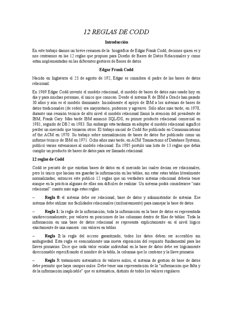 12 Reglas de Codd - Internet | PDF | Base de datos relacional | Servidor SQL de Microsoft