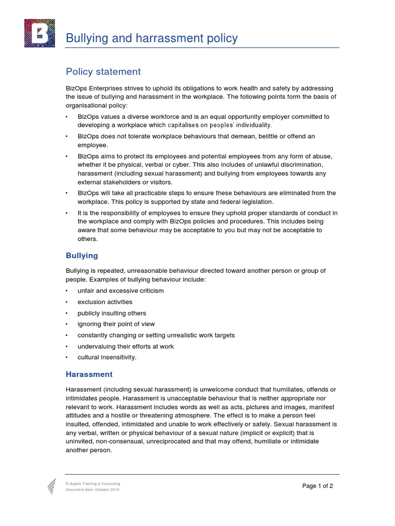 Whs Bullying and Harassment Policy | PDF | Harassment | Sexual Harassment
